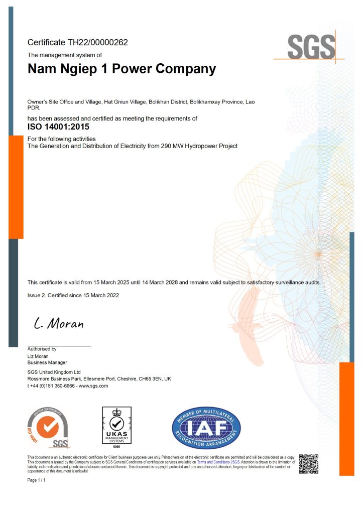Nam Ngiep 1 Power Company Successfully Renews ISO 14001:2015 ...
